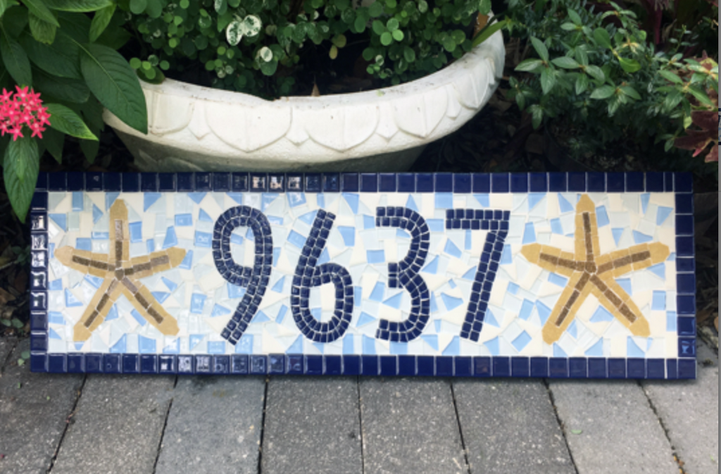 Blue House Number Sign with Starfish – Green Street Mosaics
