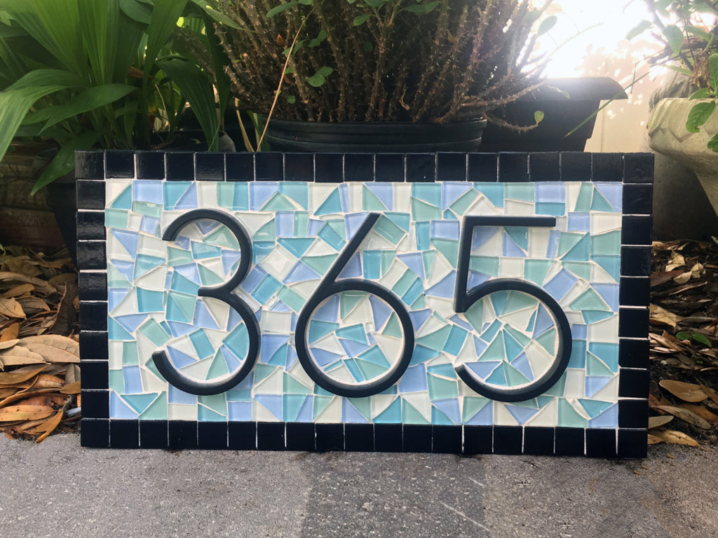 Mosaic Address Sign - Black with Aqua and Blue – Green Street Mosaics