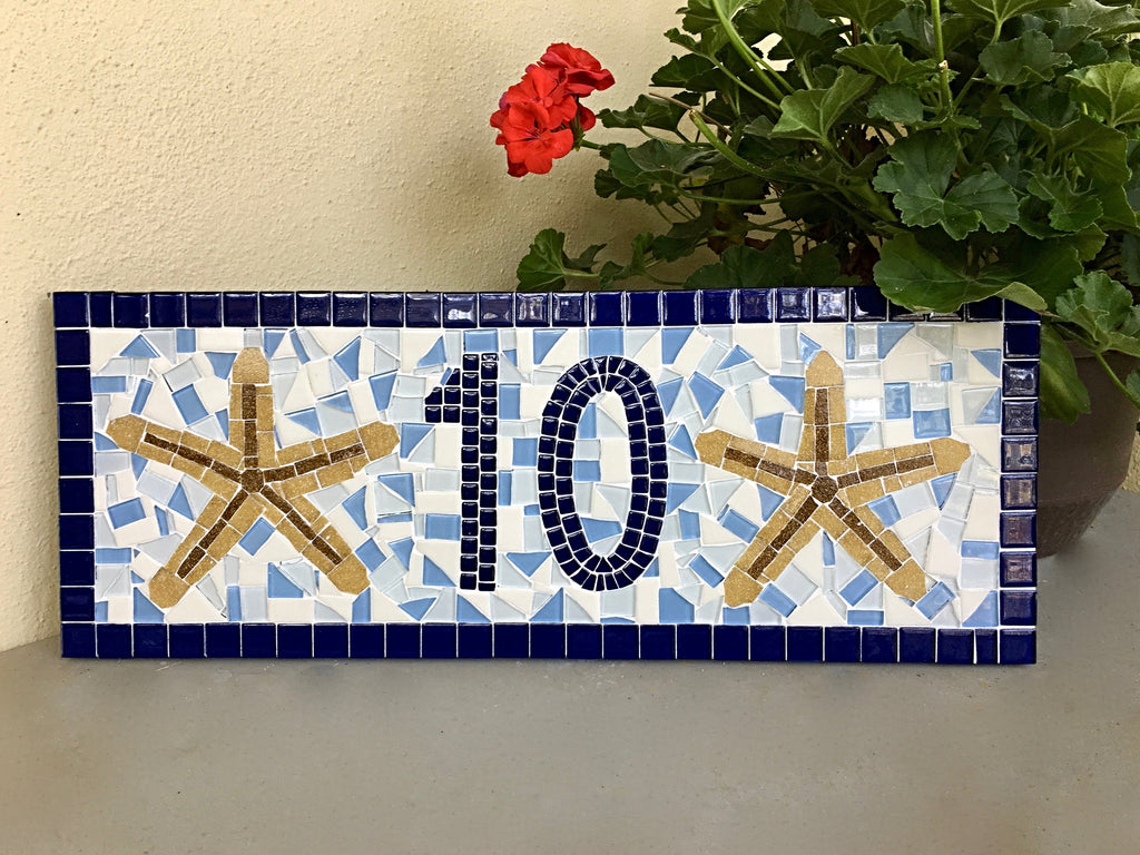 Blue House Number Sign with Starfish – Green Street Mosaics