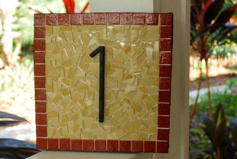 Red and Yellow Address Sign – Green Street Mosaics