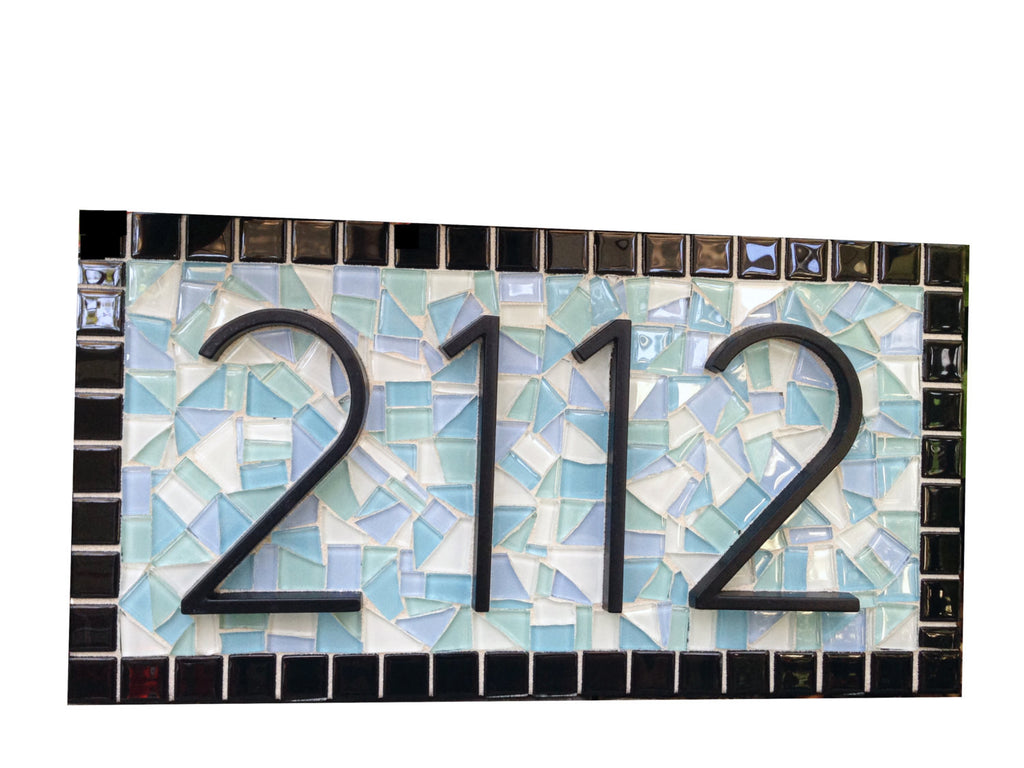 Mosaic Address Sign - Black with Aqua and Blue – Green Street Mosaics