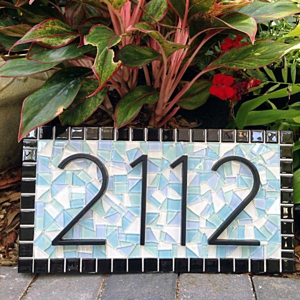 Mosaic Address Sign - Black with Aqua and Blue – Green Street Mosaics